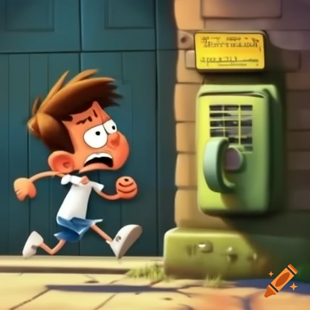Angry cartoon boy rushing toward old-fashioned wall phone on Craiyon