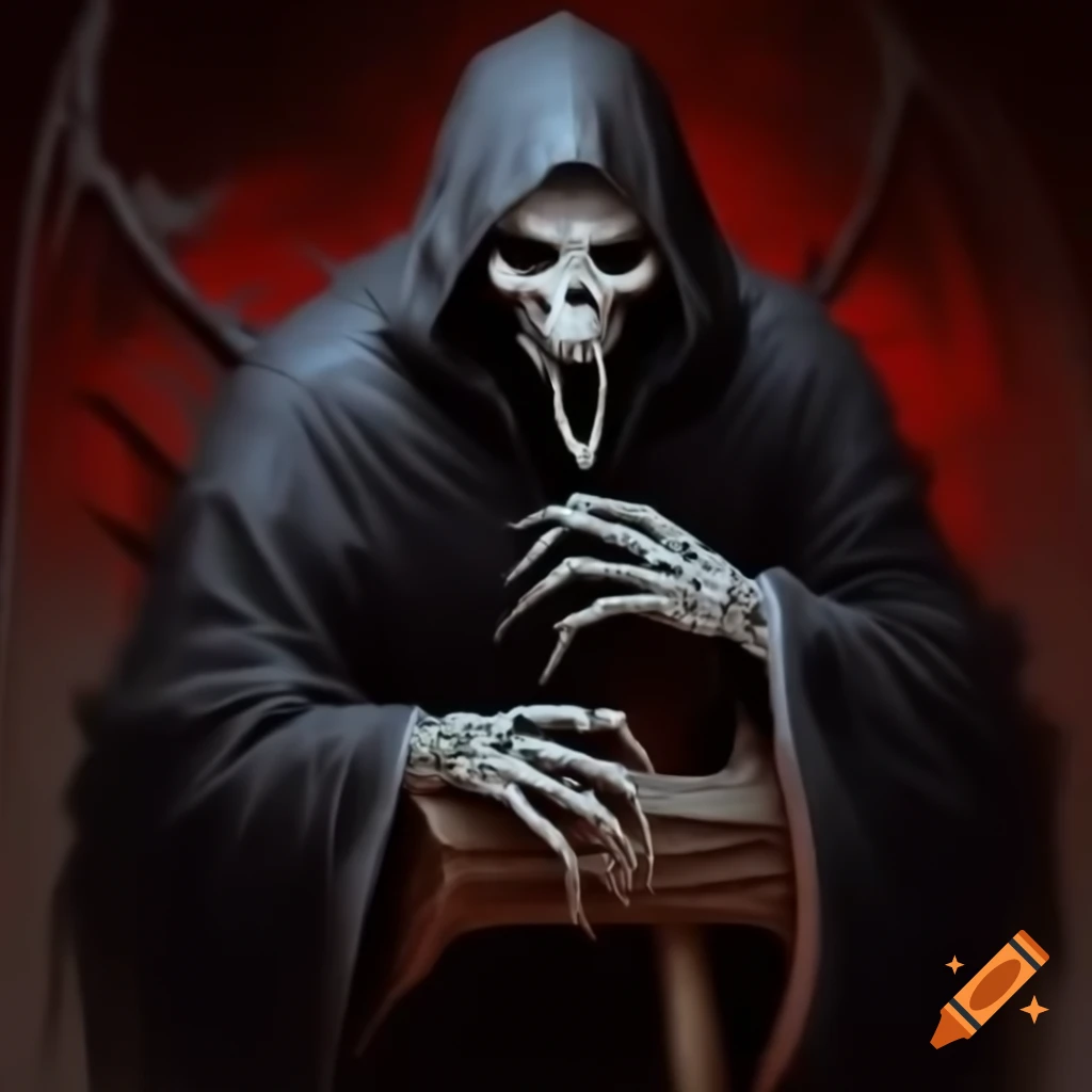 Grim reaper with skeleton hand on Devil in Hieronymus Bosch style on ...