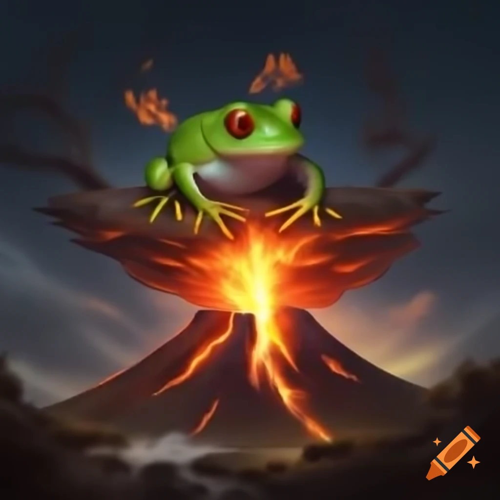 Frog performing backflip over a volcano with flames on Craiyon