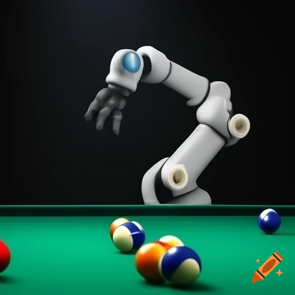 Robot arm with gripper playing pool, hitting balls on table on Craiyon