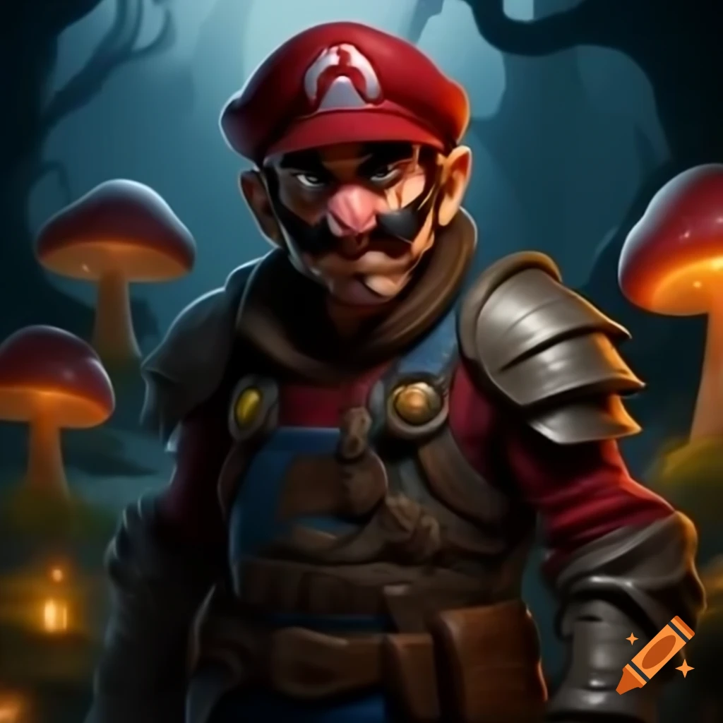 Hyper-realistic dark fantasy scene with Mario in weathered armor in ...