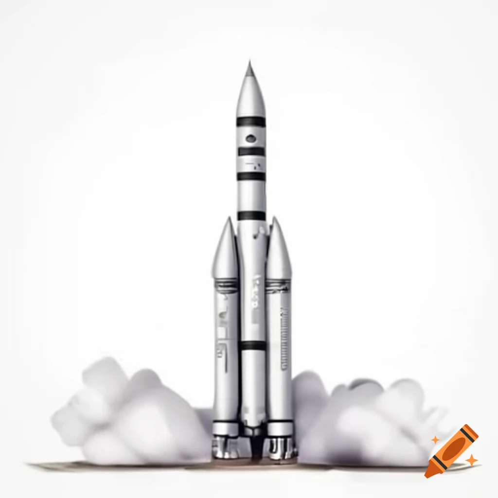 Vertical rocket in black and white with separated stages and engine ...