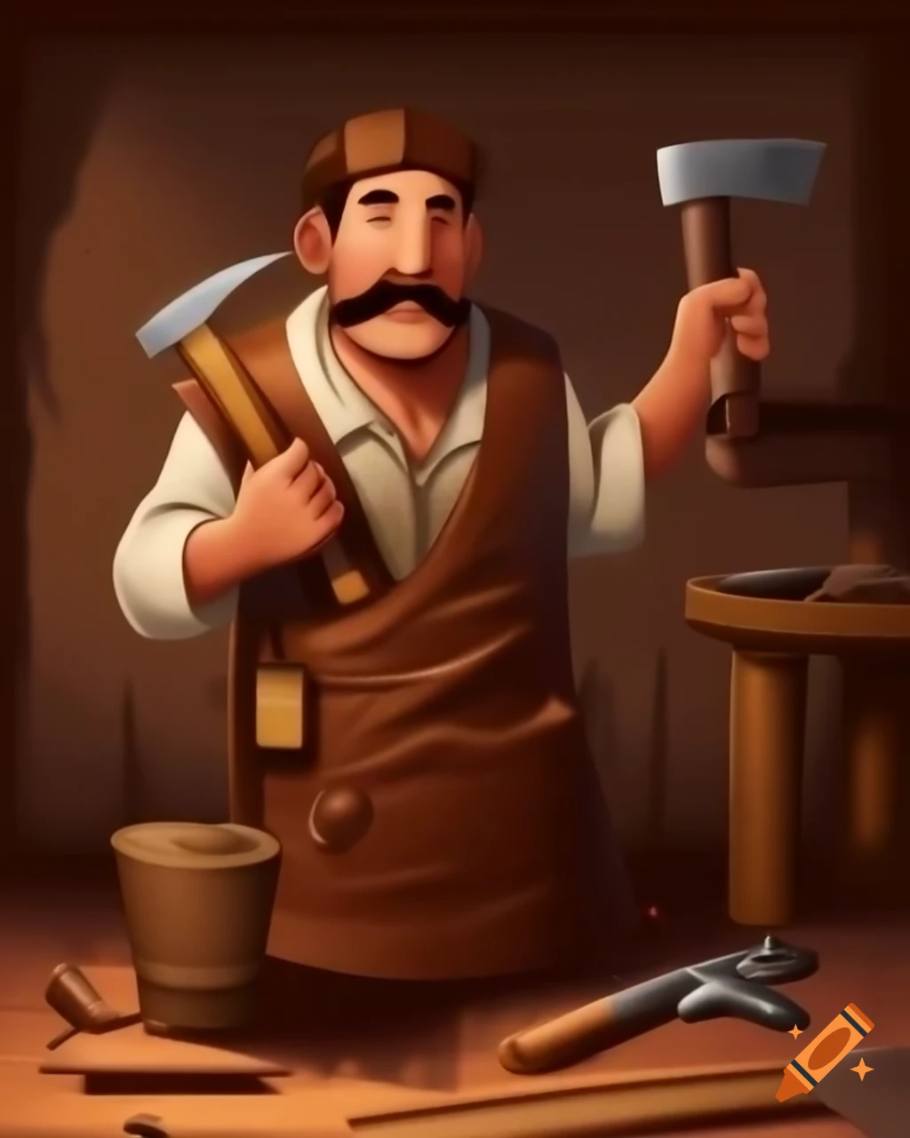 Craftsman in sawdust-dusted robe holding hammer and ruler, ready to ...