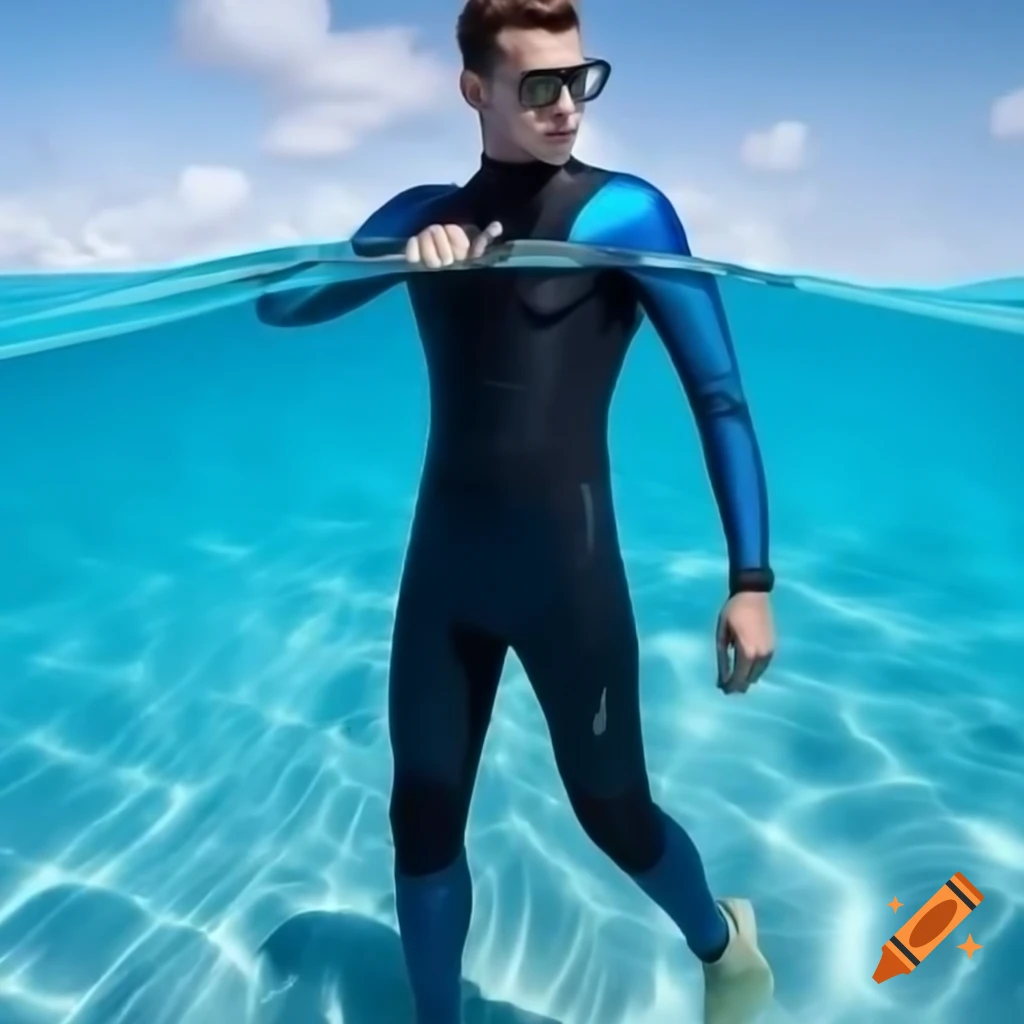 Man in shiny freediving wetsuit posing in shallow ocean waters on Craiyon