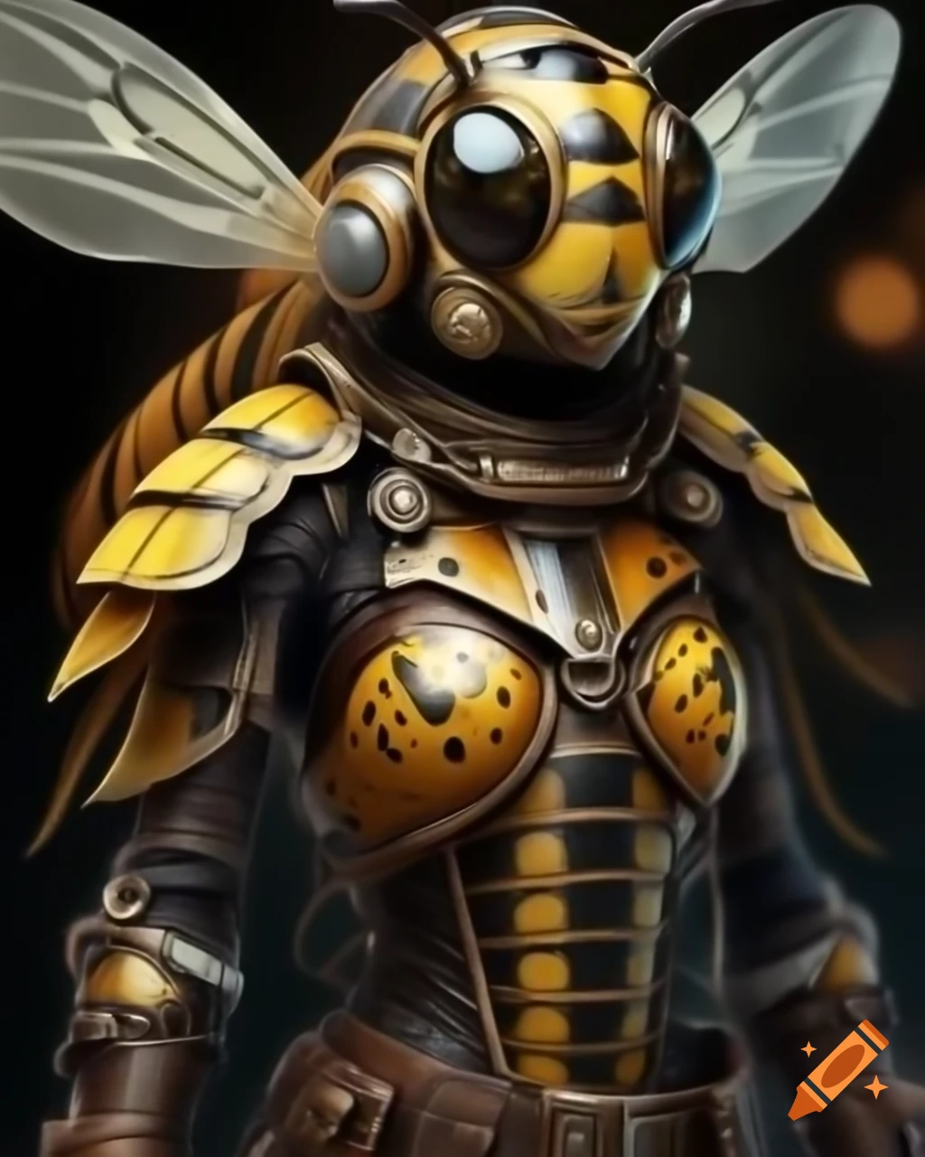 Steampunk female bee with armor and intricate design on Craiyon