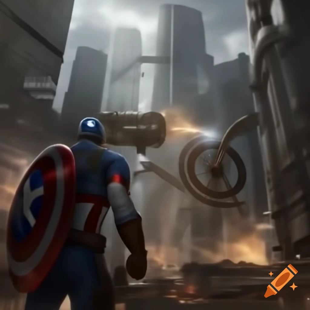 Steampunk Captain America surrounded by clockwork towers and steam on ...
