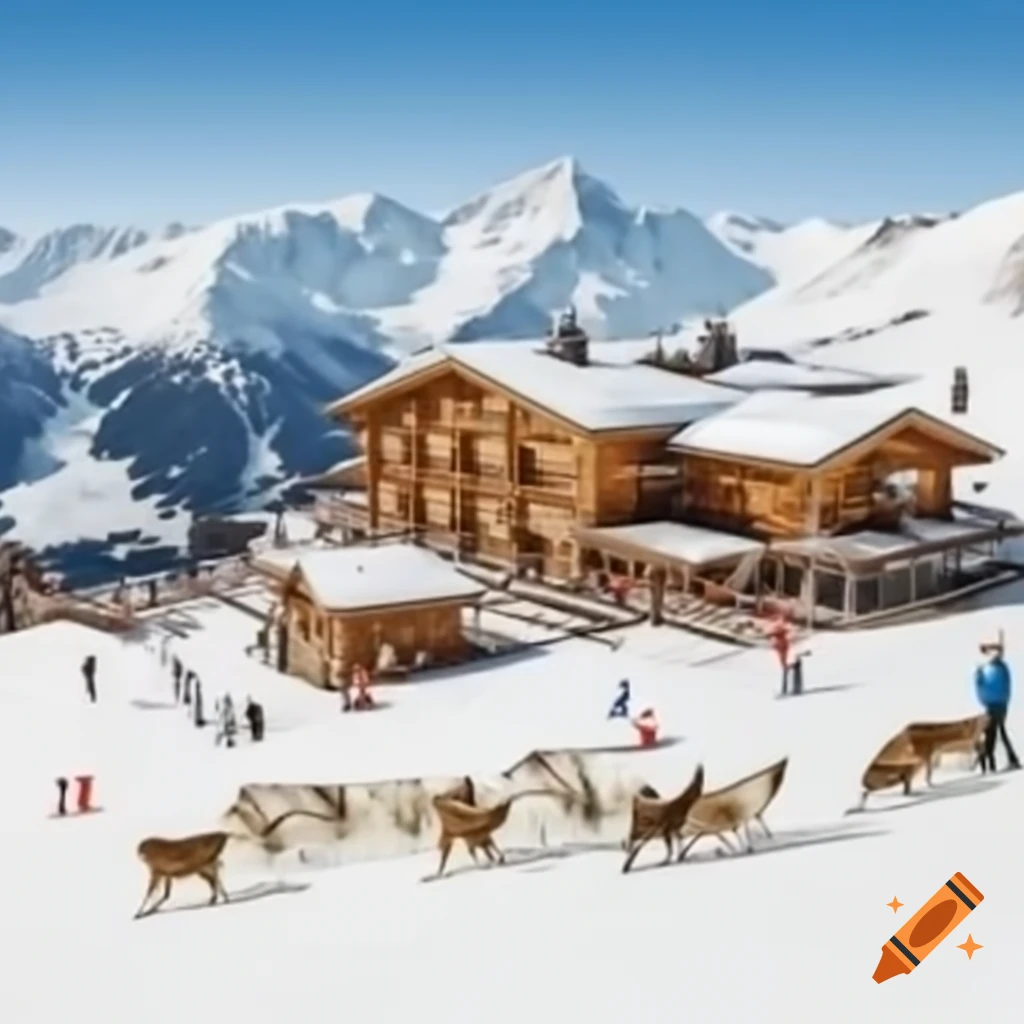Goats skiing down snow-covered mountain near ski lodge on Craiyon