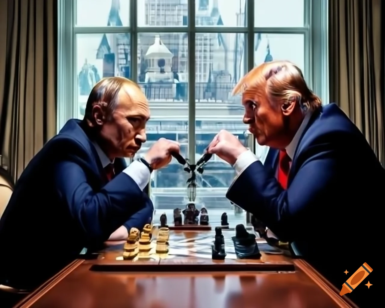 Putin and Trump playing chess with Kremlin view in background and beer ...