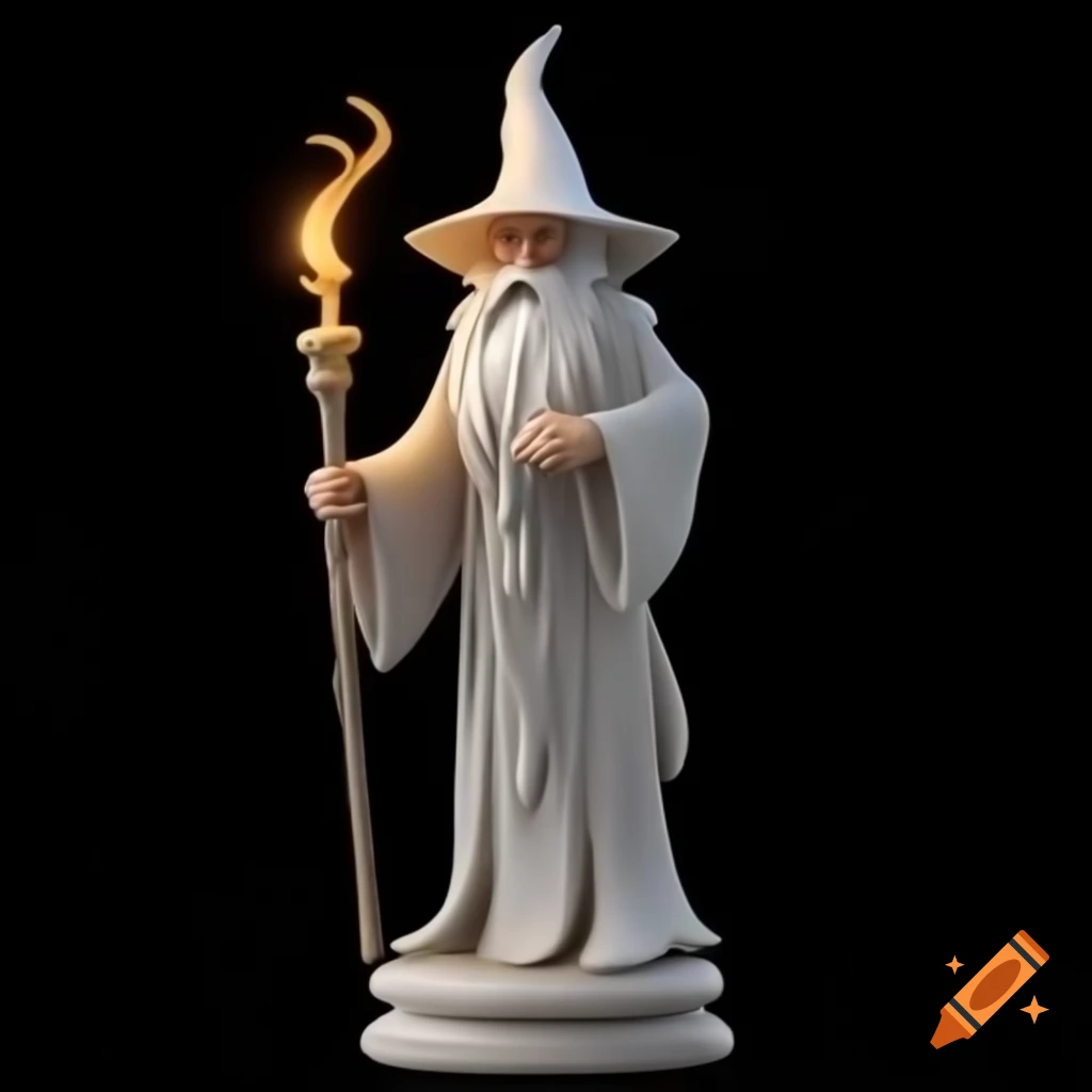Marble statue of a wizard holding a magic wand against a black ...