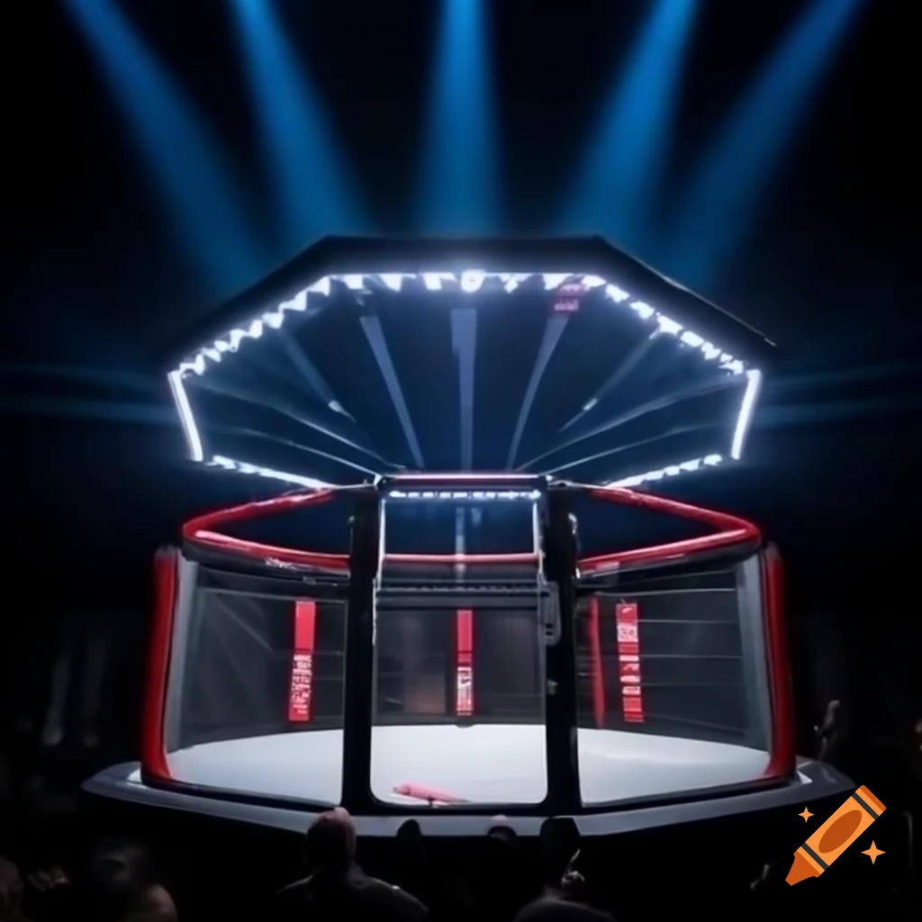 Brightly lit octagonal MMA cage center under spotlight on Craiyon