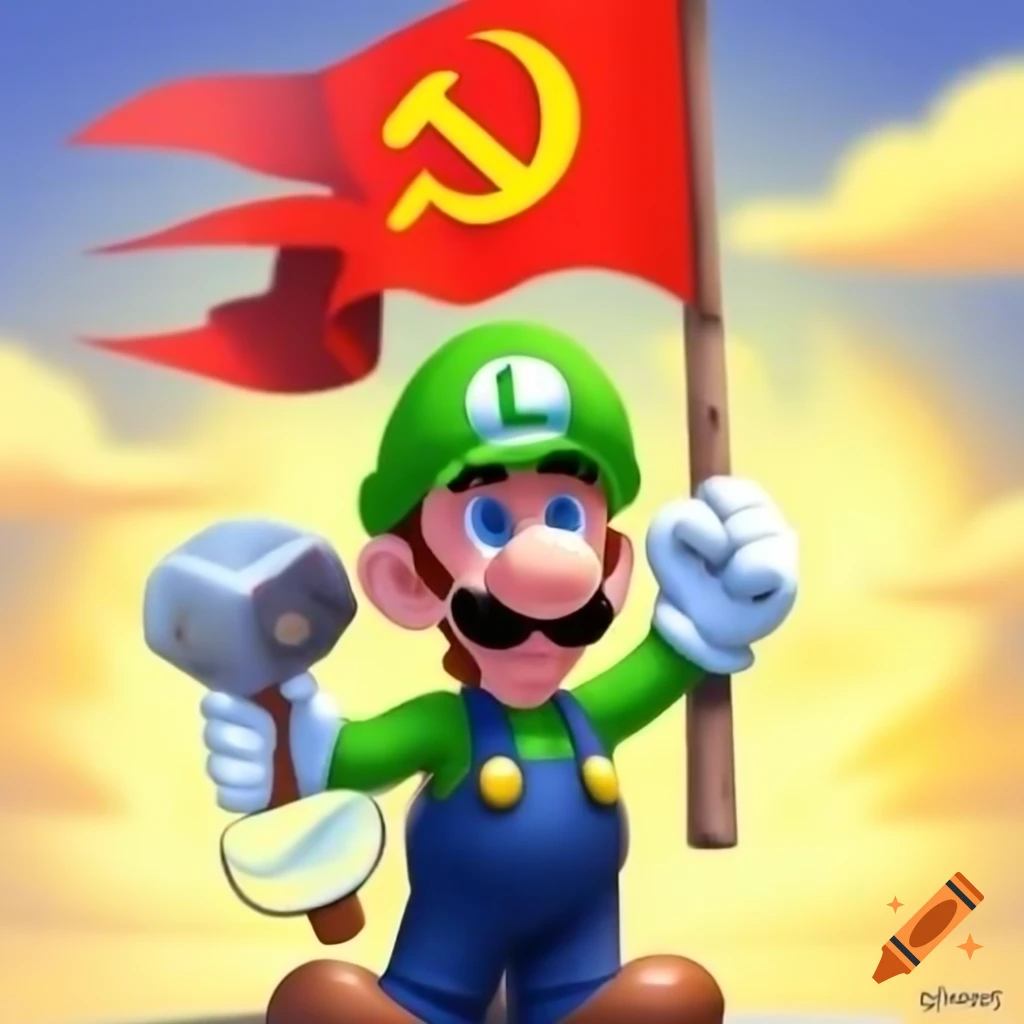 Luigi raising fist with hammer and sickle flag on Craiyon