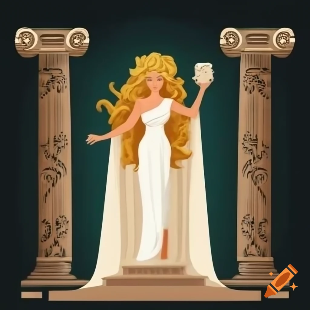 Mortal Medusa with golden hair in white robe inside ancient Greek ...