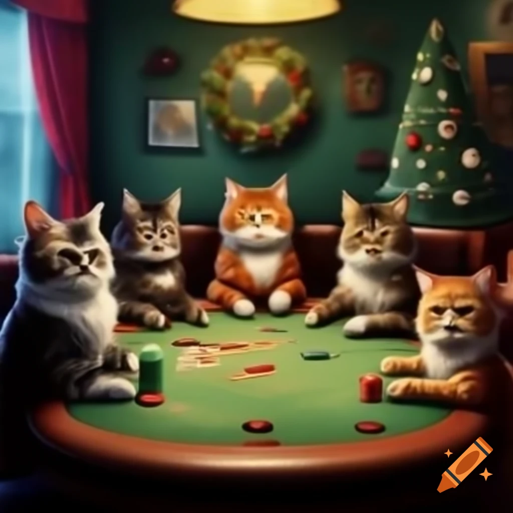 Cats playing poker at a table in christmas decorated room on Craiyon