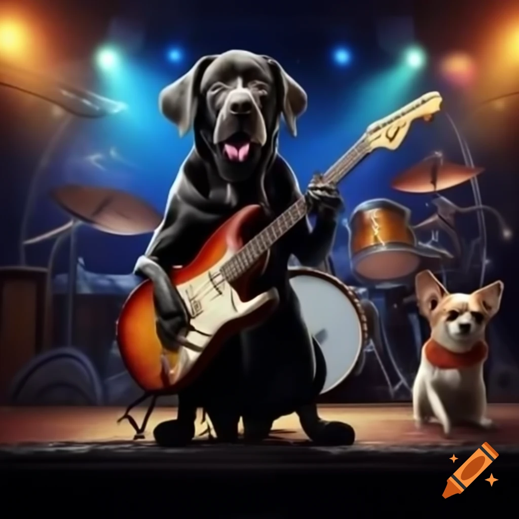 Black Labrador playing electric guitar with Chihuahua on drums in a ...