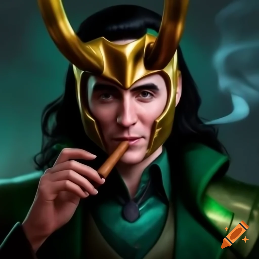 Dramatic portrait of Loki with mischief in his eyes, smoking a cigar on Craiyon