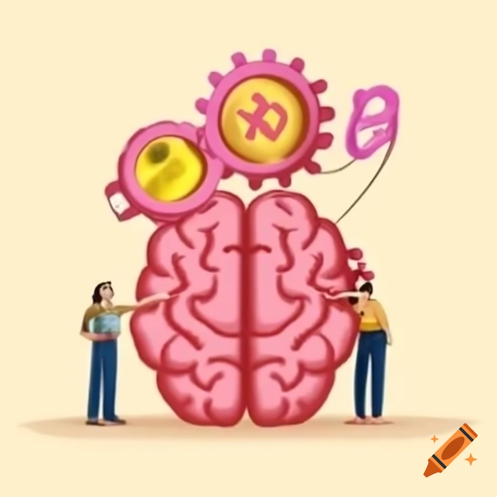 Cartoon brain with gears, rational vs emotional themes illustrated on ...