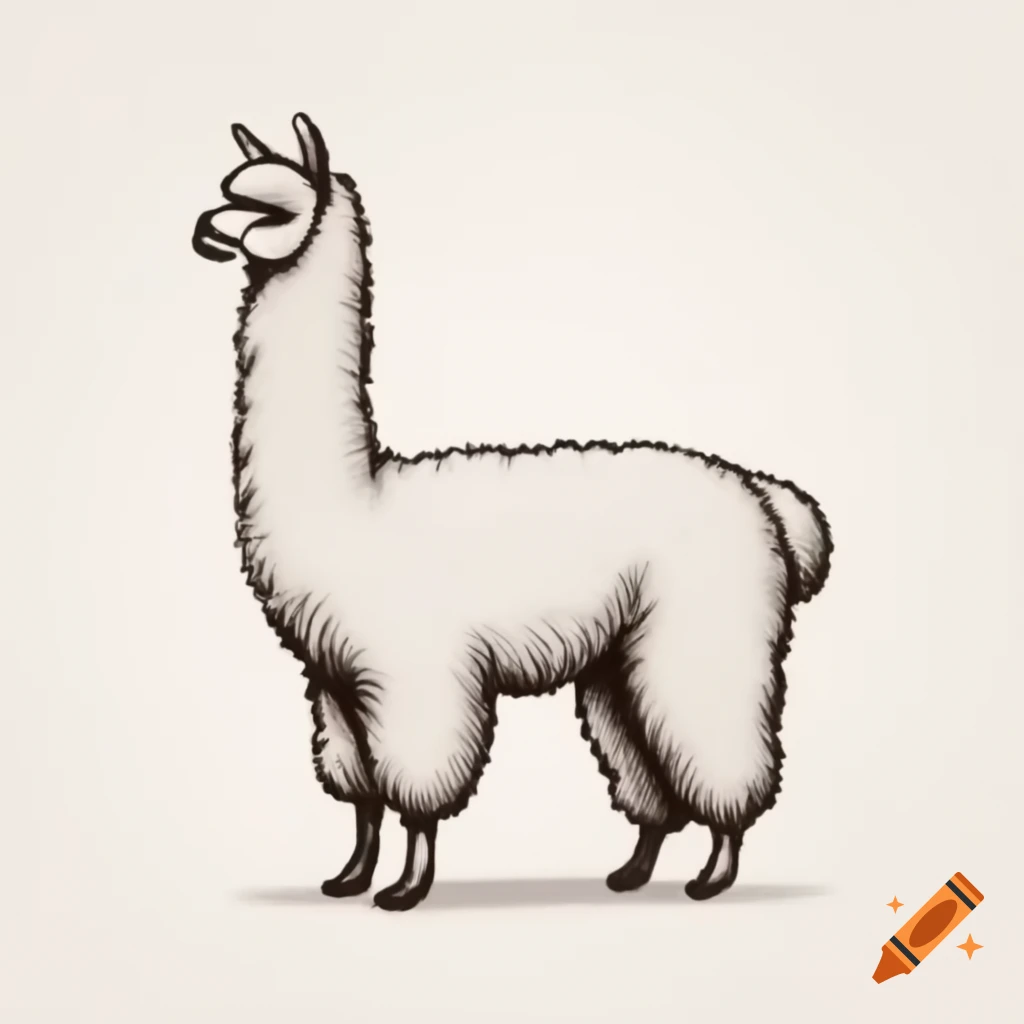 Whimsical sketch of a peruvian llama with soft fleece and gentle eyes ...