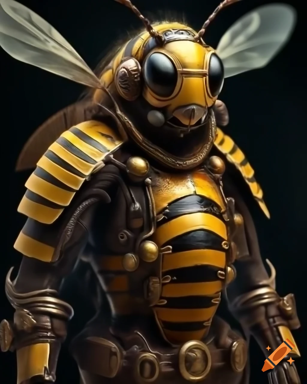 Steampunk-style bee with armor and intricate details on Craiyon