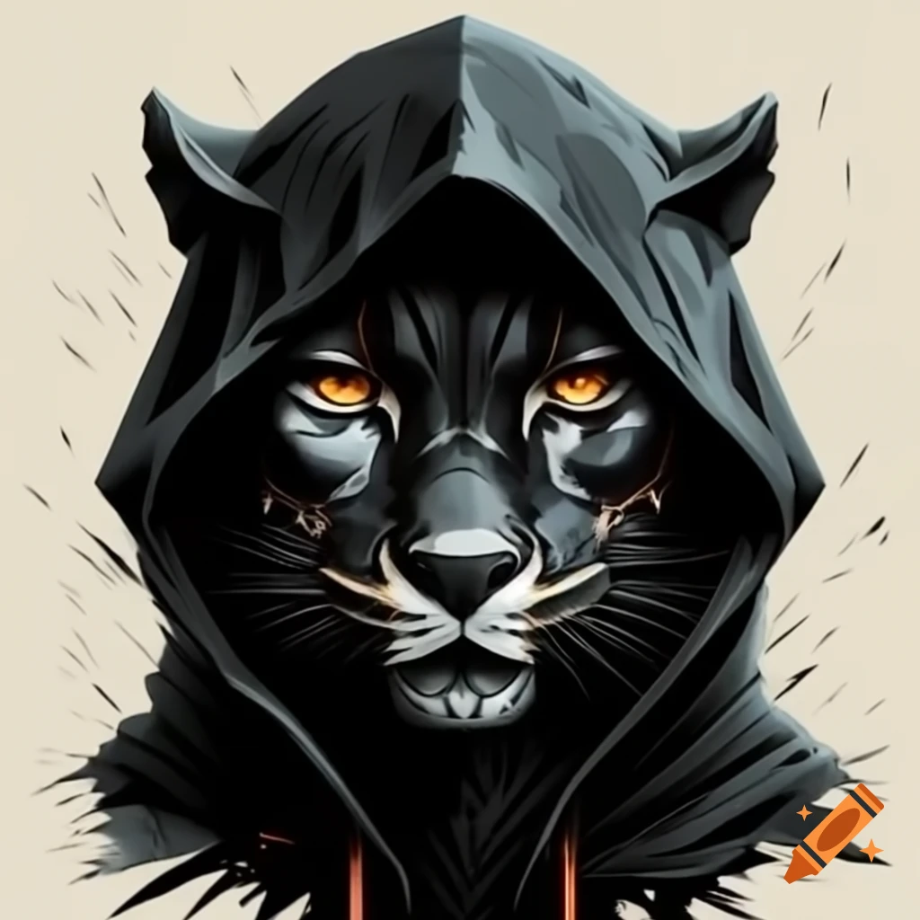 Mysterious panther in shadows with ember-like eyes, dark hooded on Craiyon