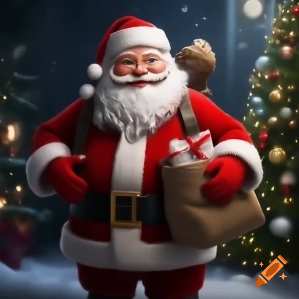 Jolly Santa Claus in red suit holding sack of presents on Craiyon