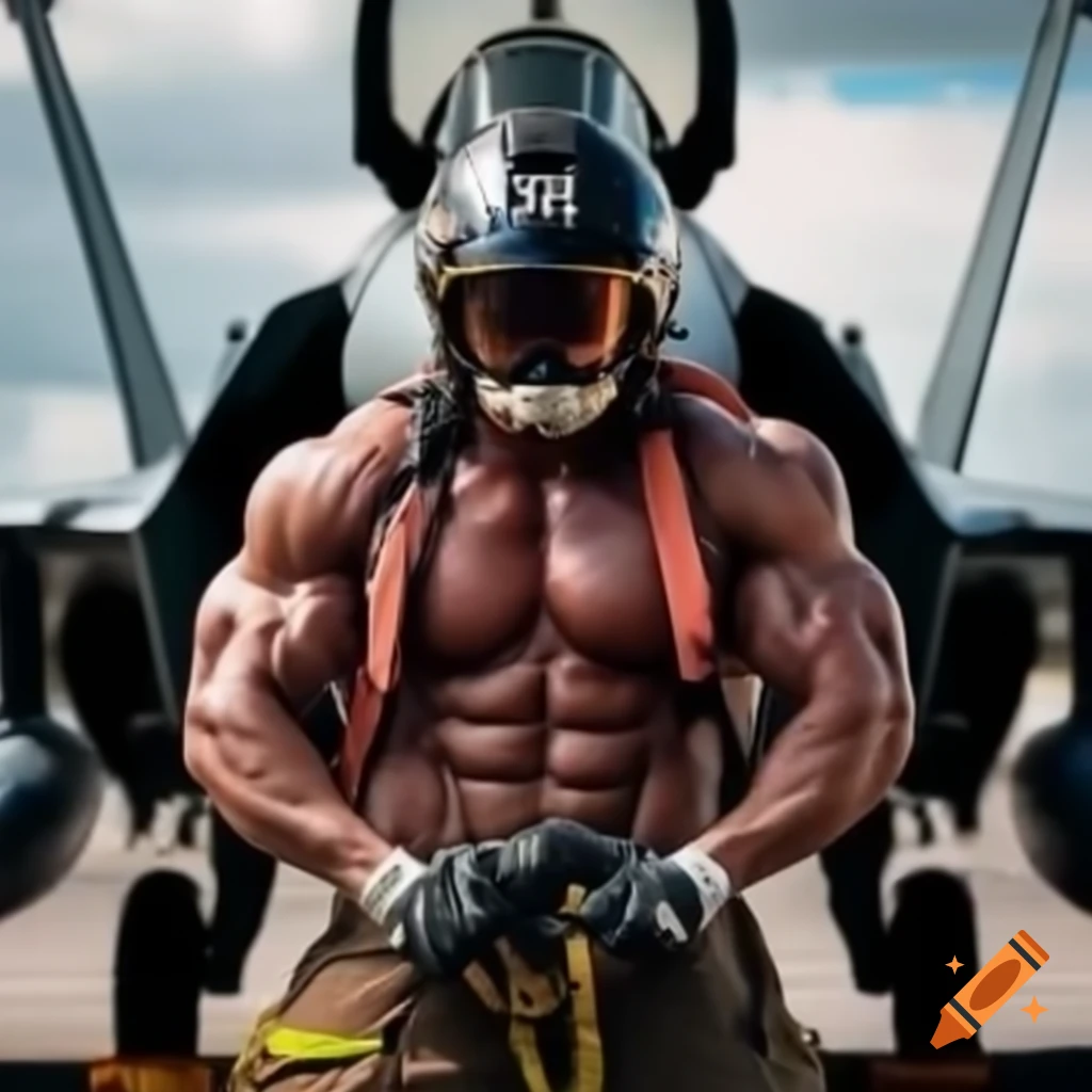 Muscular firefighter extinguishing fire on fighter jet in ...