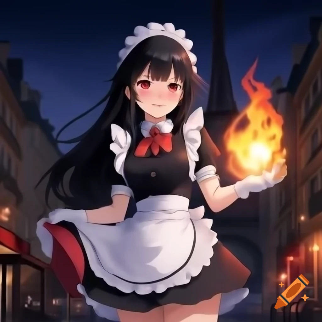 Anime maid girl with black hair and mini skirt holding fire orb in ...