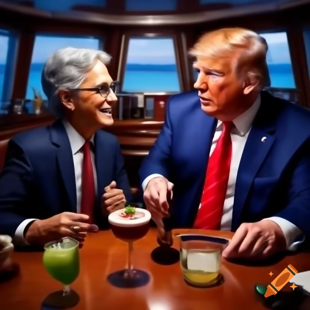 Merrick garland and trump laughing on a yacht, hyper-realistic detail ...