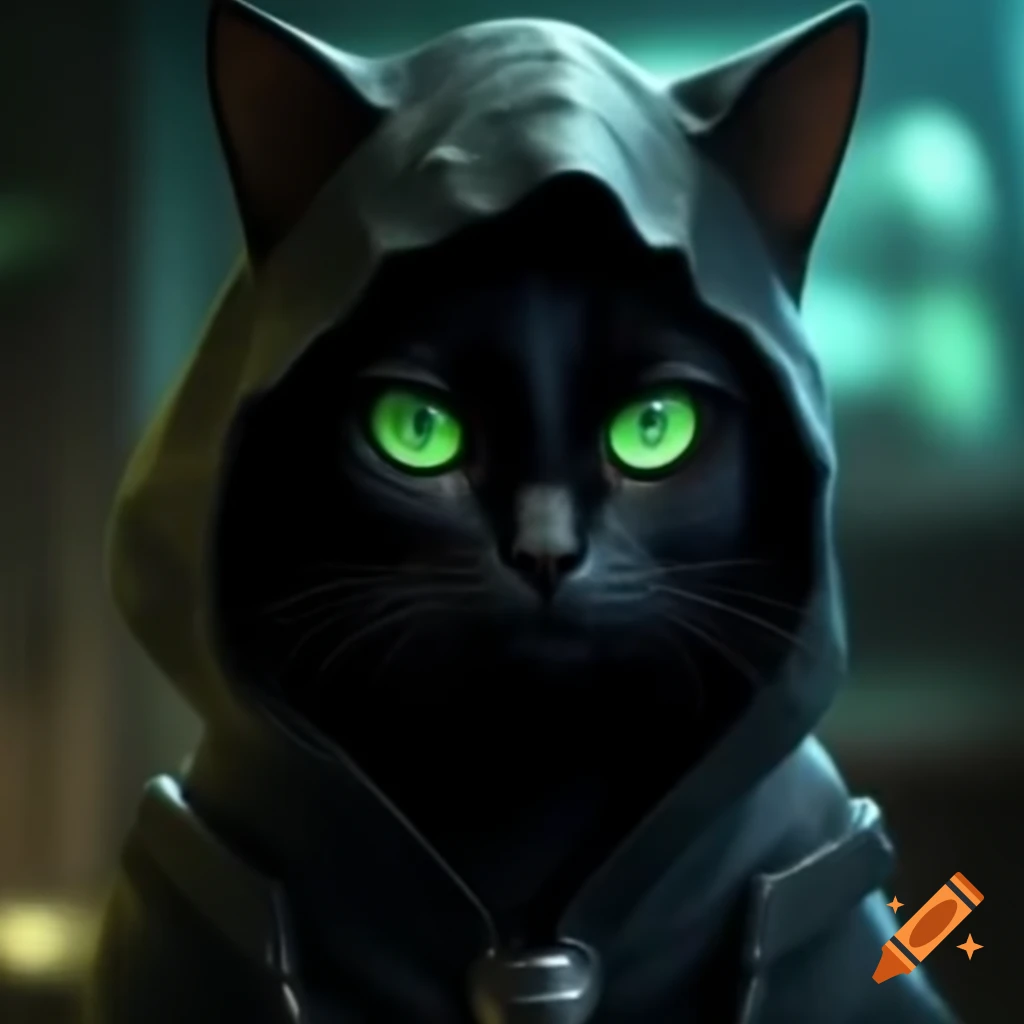 Black cat rogue with striking green eyes on Craiyon