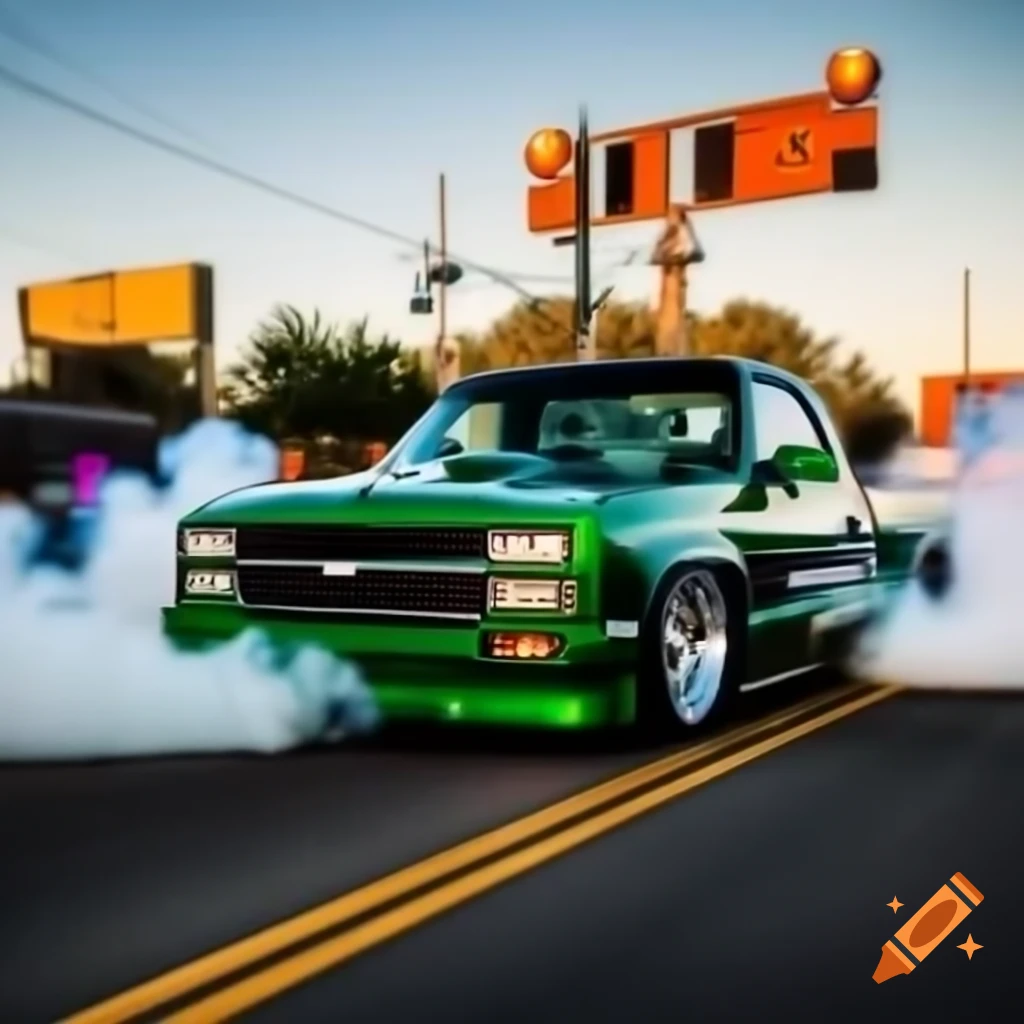 1987 C10 Chevrolet truck performing burnout with chrome rims and smoke ...