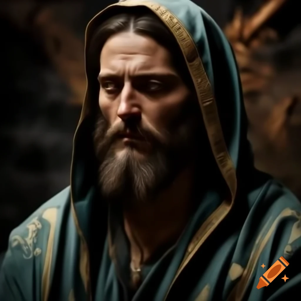 Post-apocalyptic character Otto in ornate robes with gold trim and ...