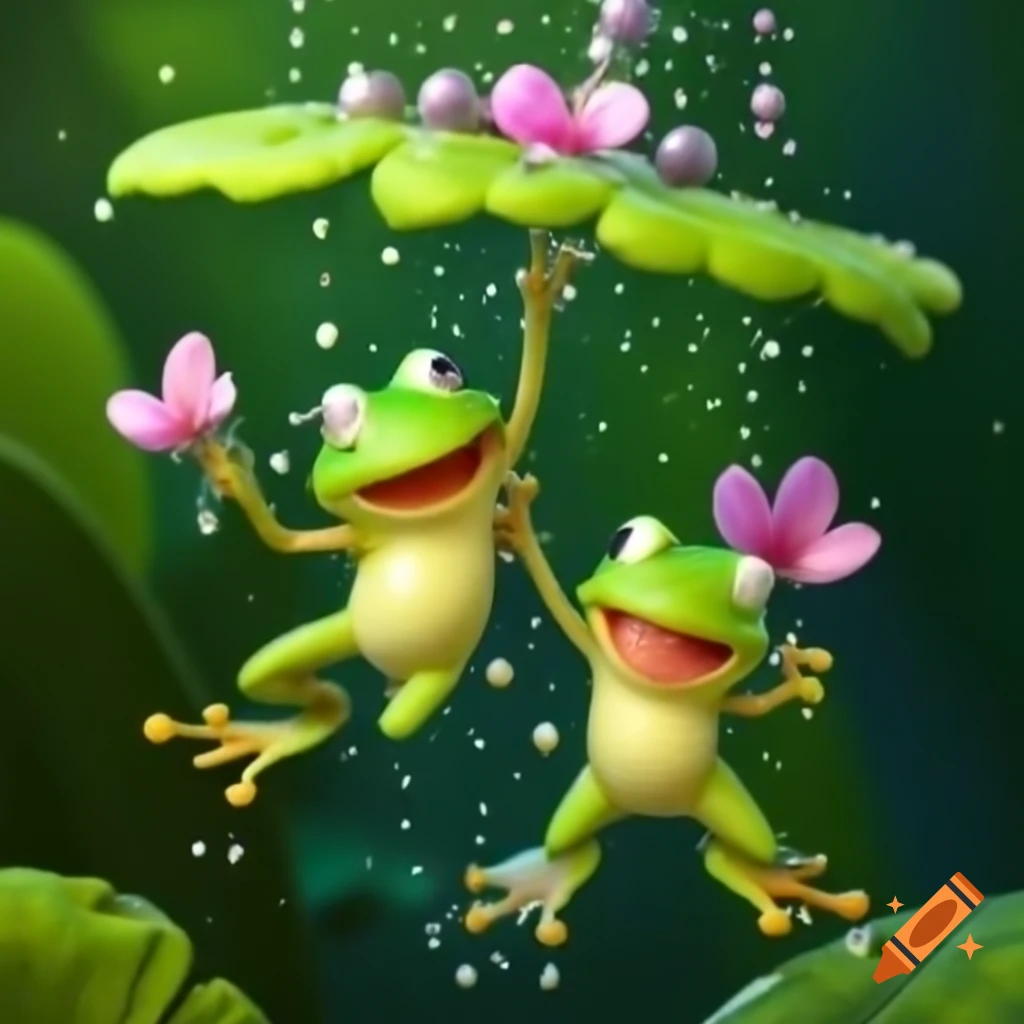 Family of green tree frogs splashing in tropical paradise on Craiyon