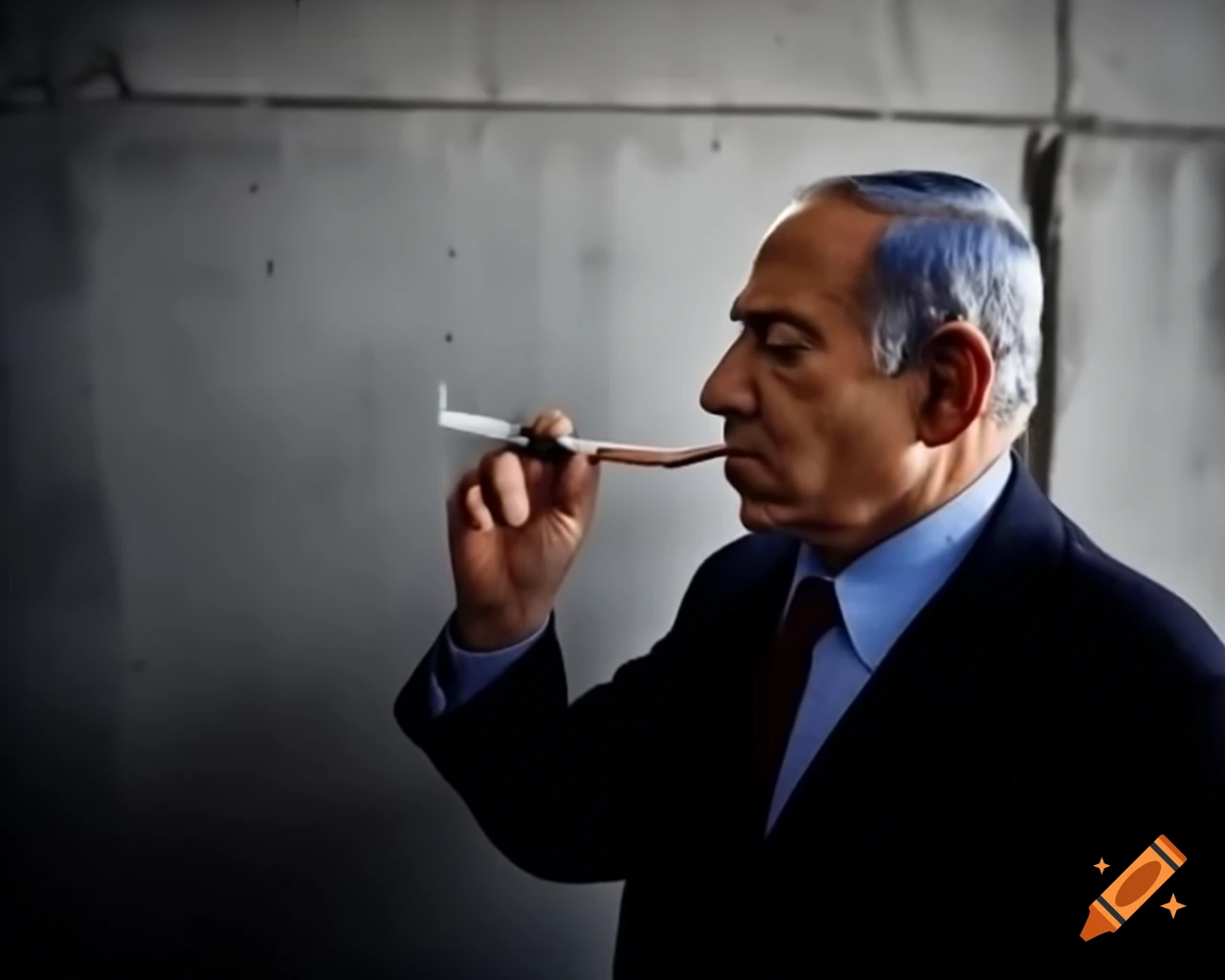 Benjamin netanyahu smoking in front of a grey wall, realistic style on ...