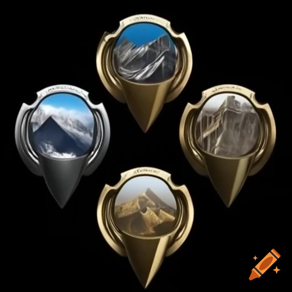 Three badges featuring snow-capped mountains in bronze, silver, and ...