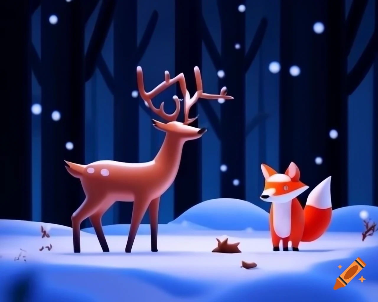 Deer and fox in snowy forest, styled like PS1 3D horror games on Craiyon