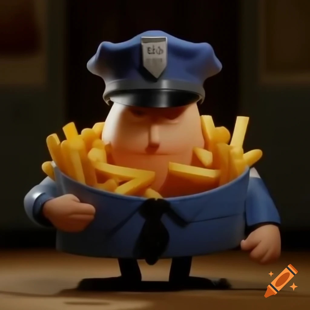 Anthropomorphic French Fry character as a police officer on Craiyon