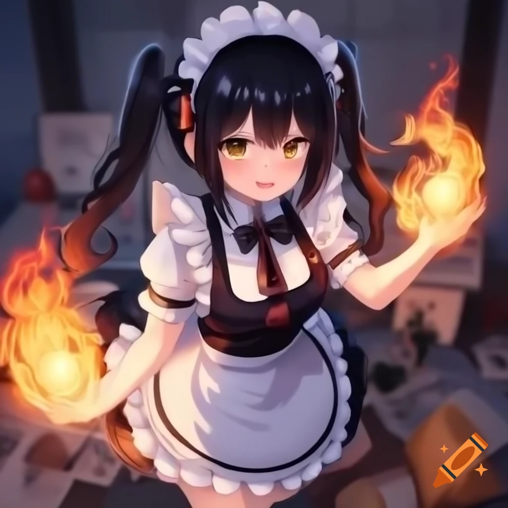 Anime maid girl with black hair holding a fire orb on Craiyon