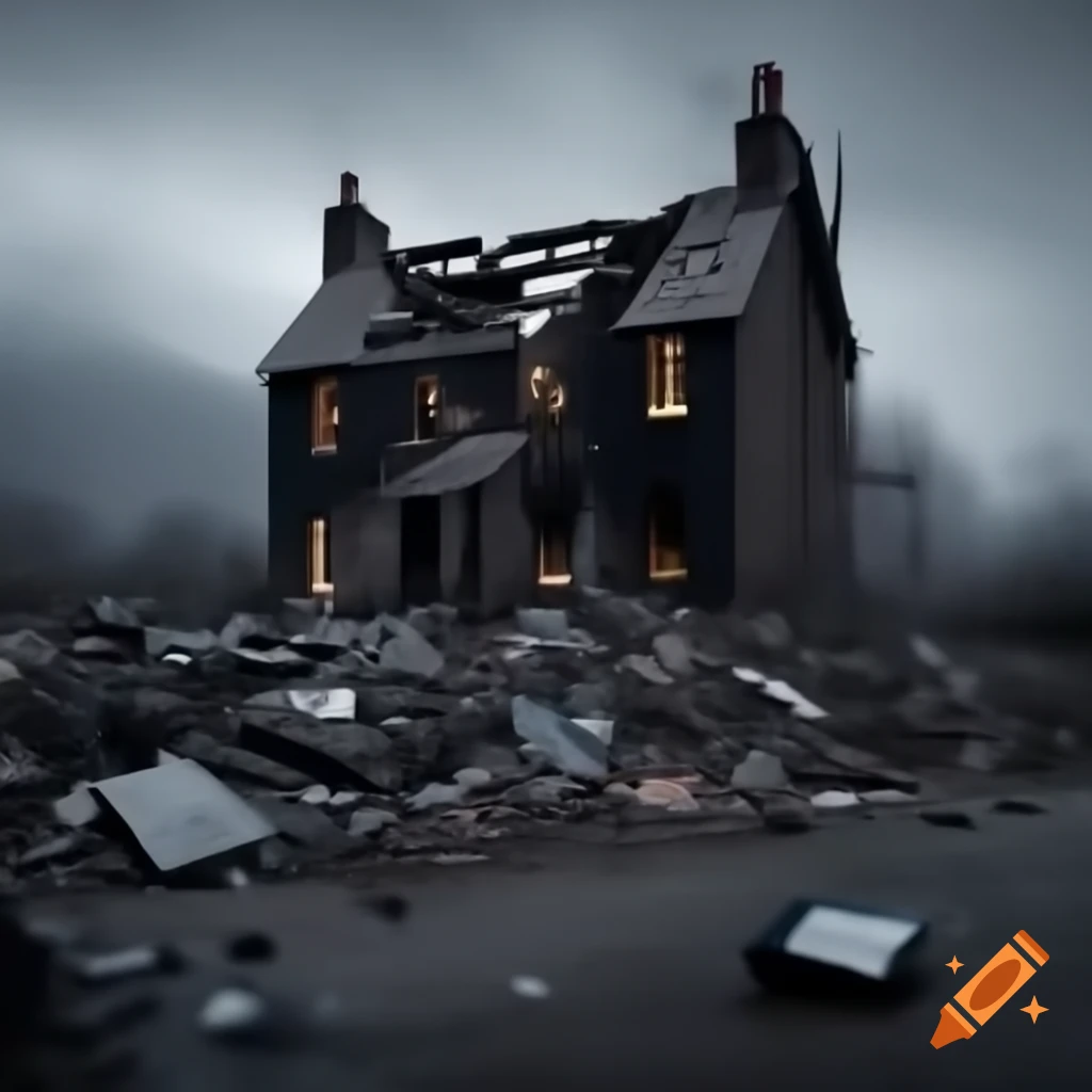 Collapsing black brick cottage in desolate landscape on Craiyon