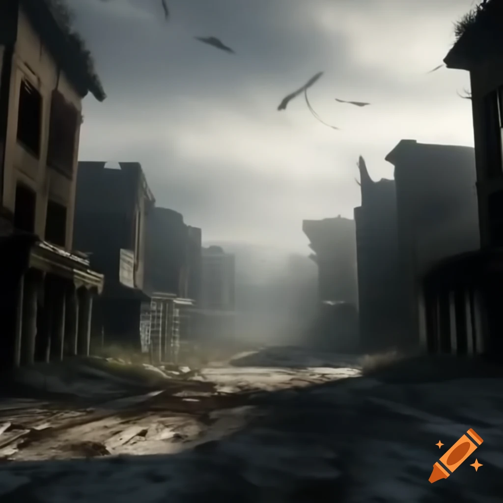 Bleak crumbling cityscape under gray sky with decaying buildings on Craiyon