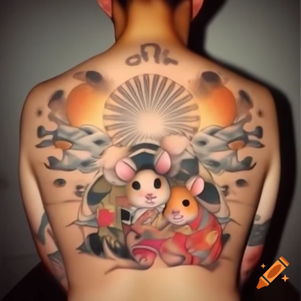 Japanese mice wedding tattoo featuring sun, clouds, and wind symbols on ...