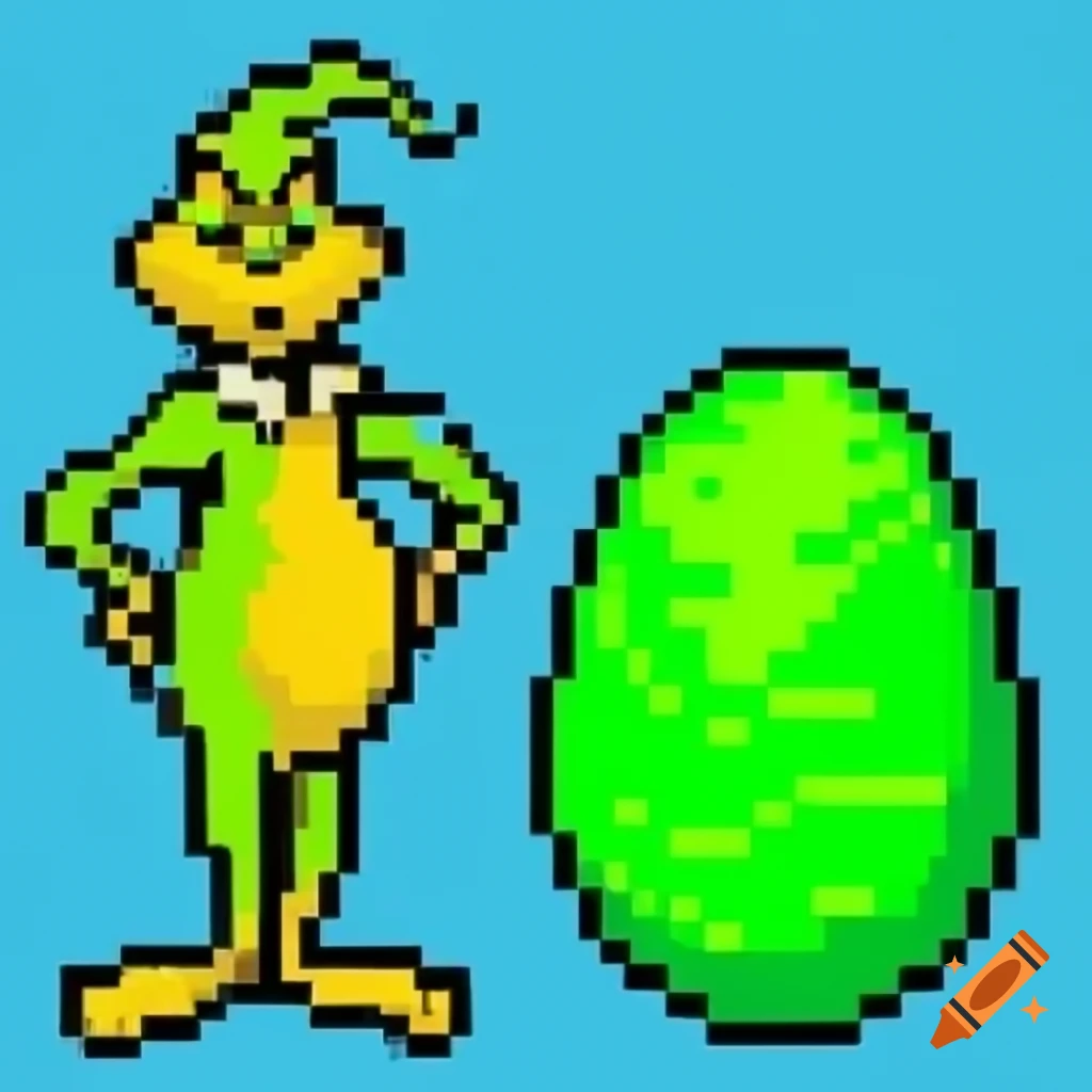 Pixel art of the Grinch standing next to a green pixel egg on Craiyon