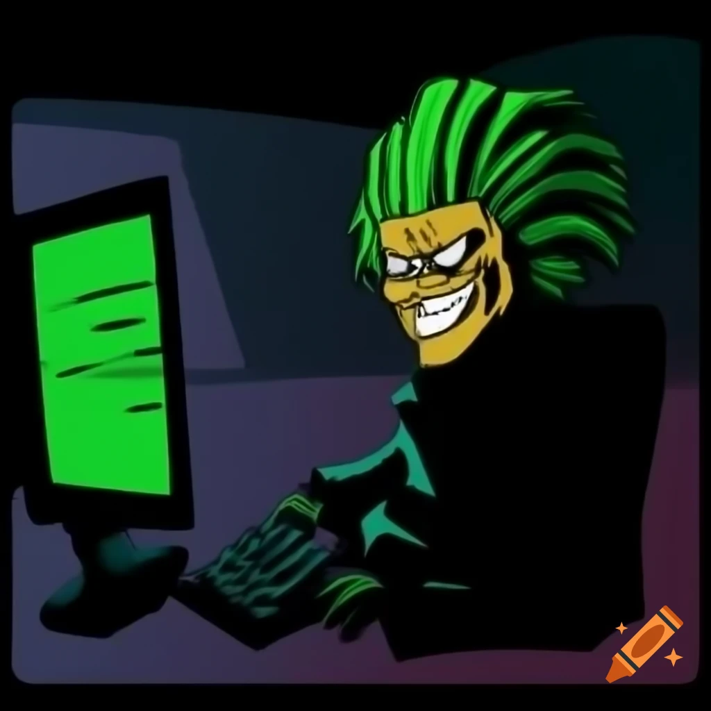 90s computer hacker with green Mohawk and evil grin in dimly lit room ...