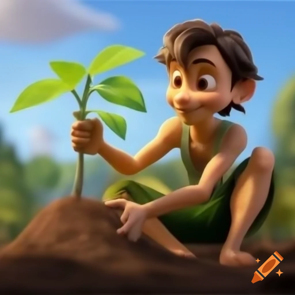 Luca planting a young tree in a sunny, peaceful landscape on Craiyon