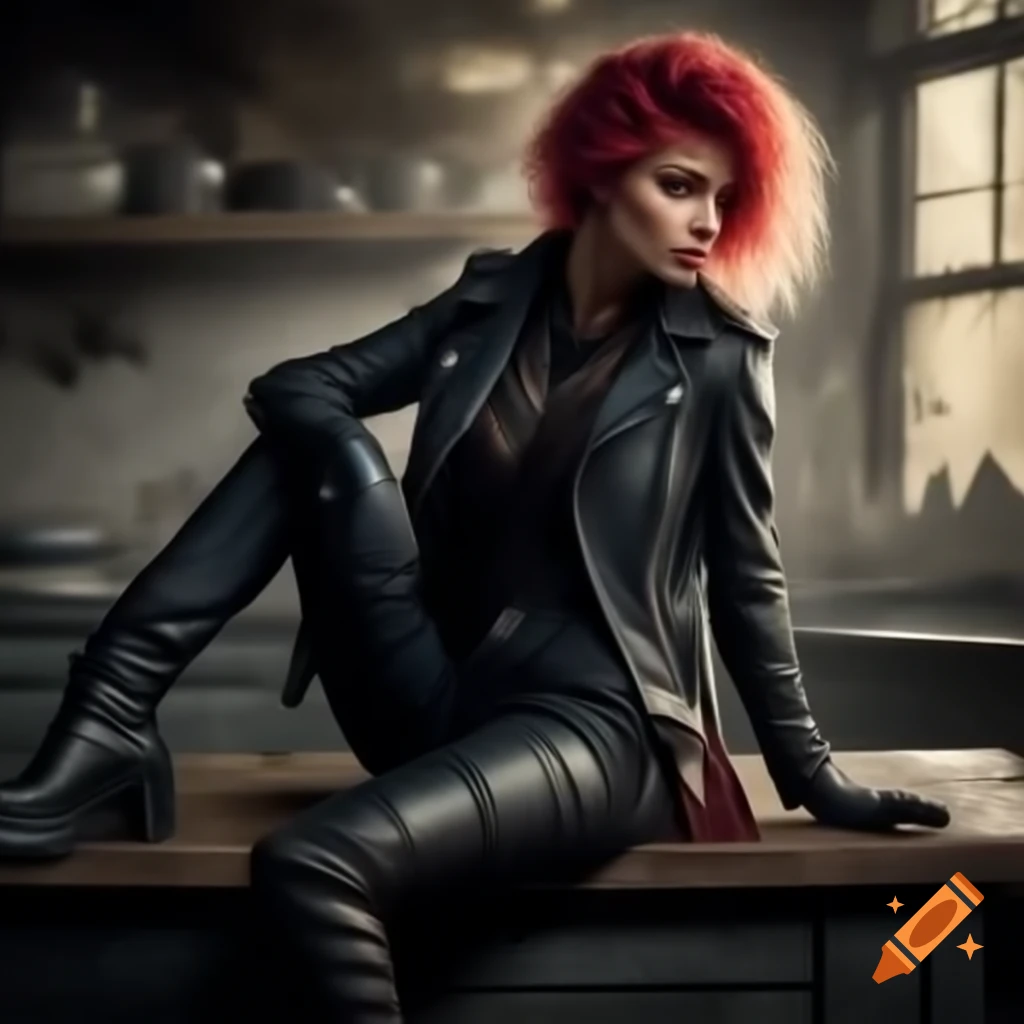Punk style portrait of British actress Rosamund Pike in leather attire ...