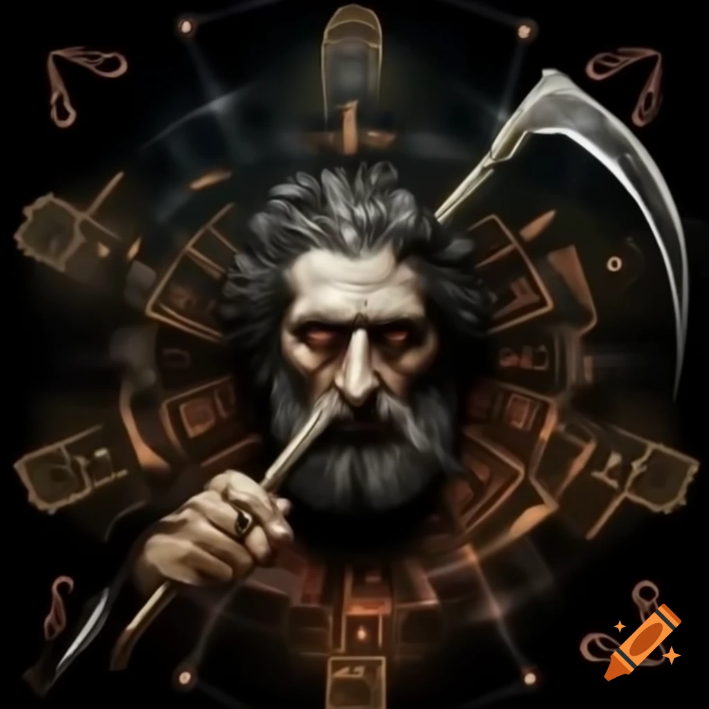 Cronos, father of the gods, depicted with scythe and strong presence on ...