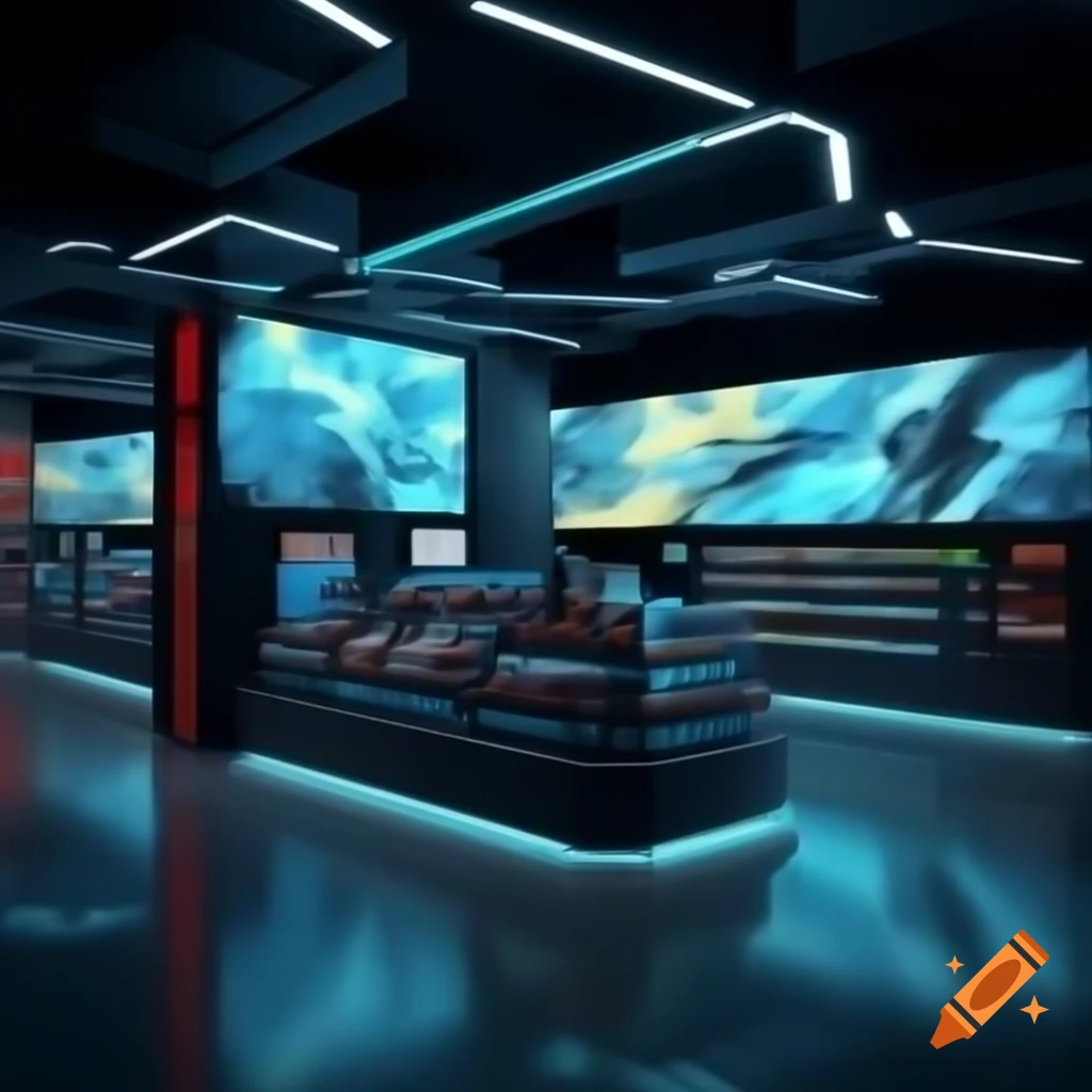 Futuristic convenience store with dynamic digital screens and automated ...