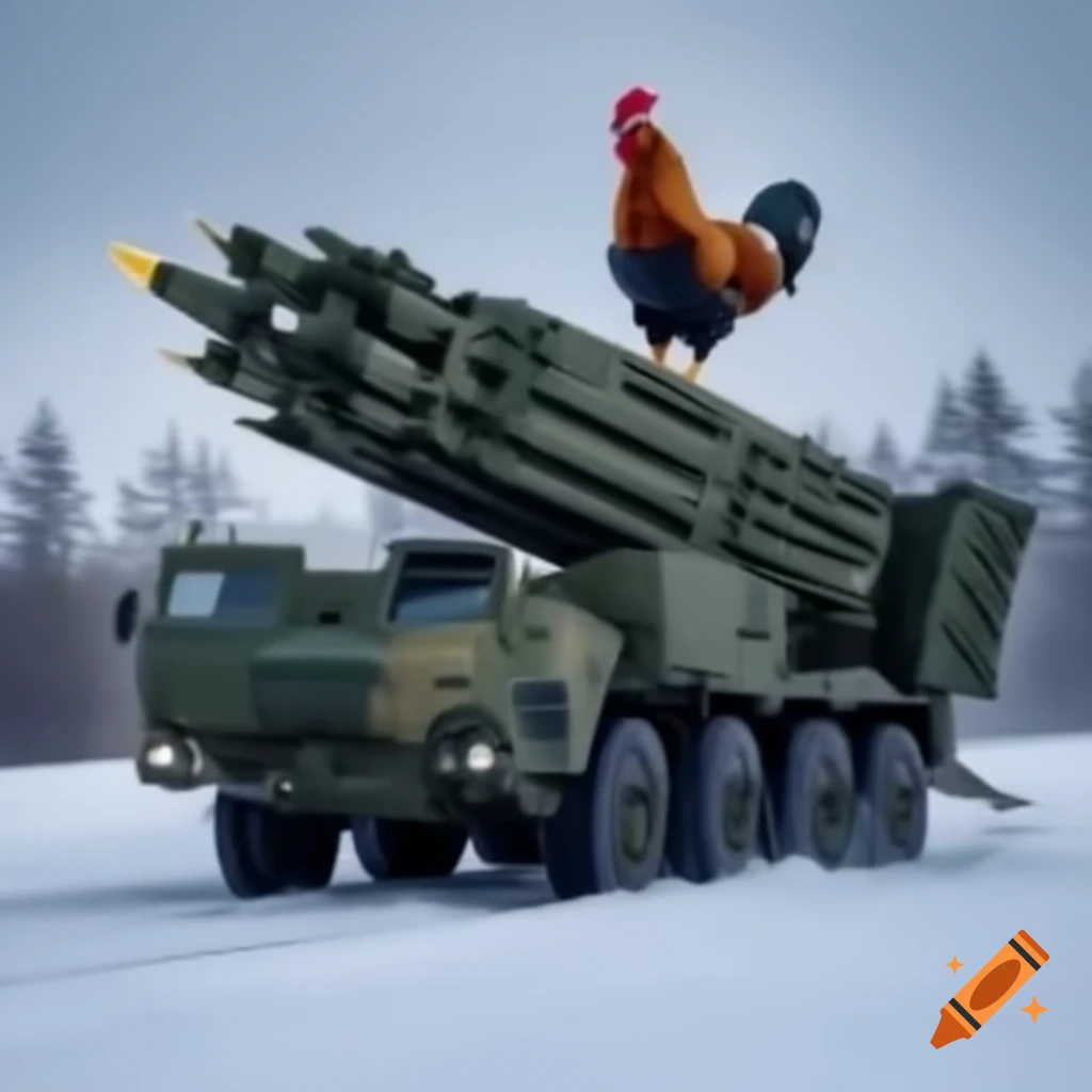 Military-themed chicken riding a rocket launcher in snowy landscape on ...