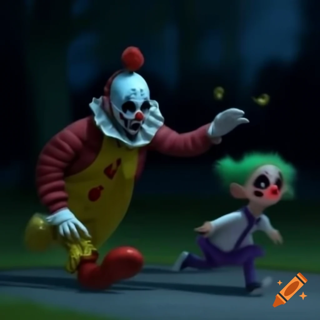 Creepy clown chasing kids in a park at night on Craiyon
