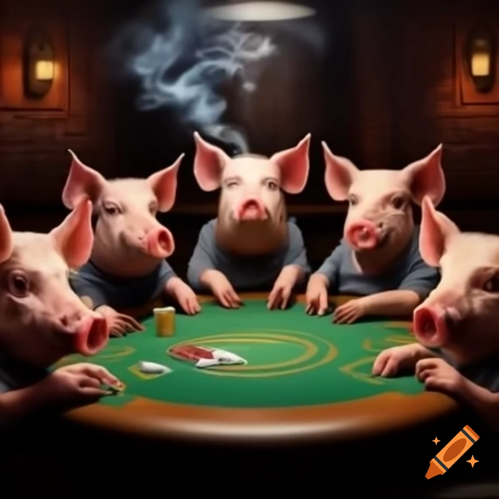 Six pigs playing poker in a dimly-lit brick room on Craiyon