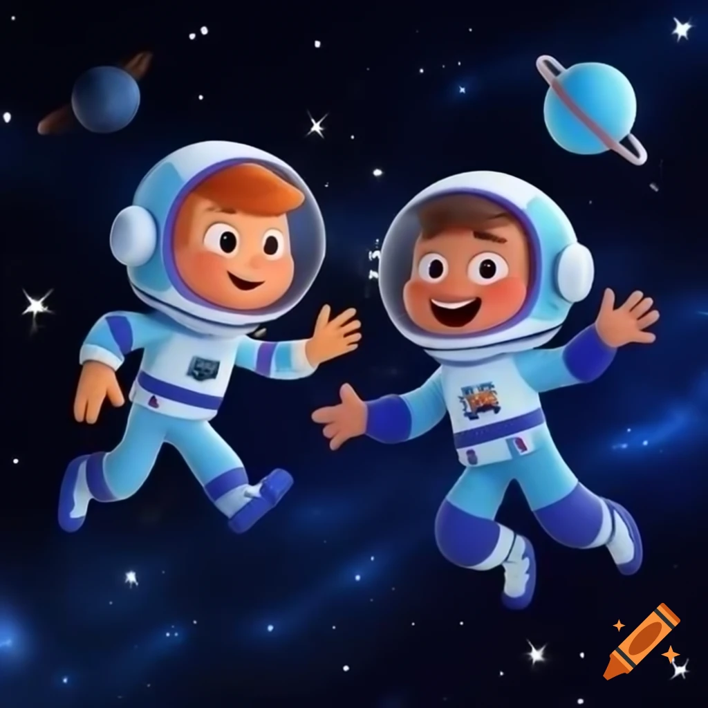 Cartoon kids in astronaut suits waving goodbye in space on Craiyon