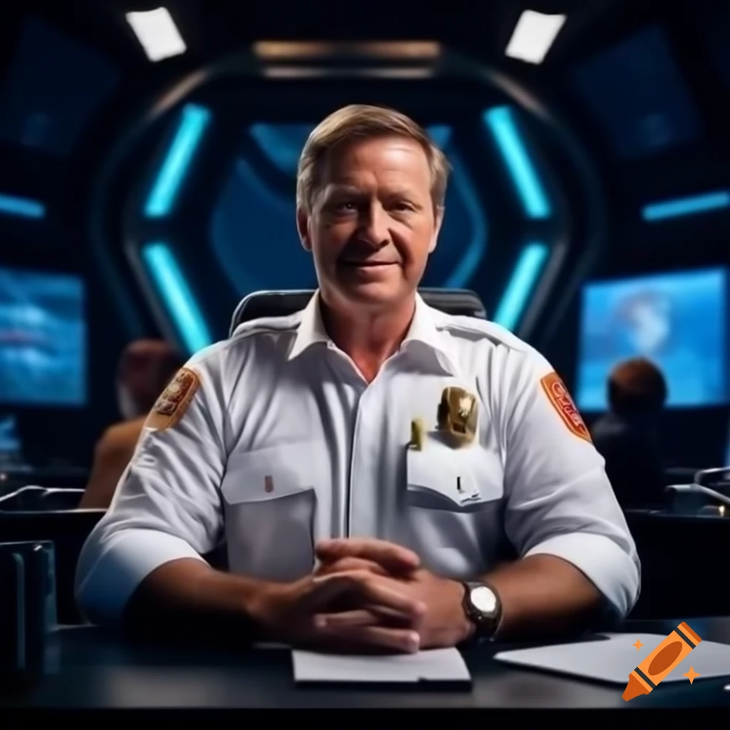 Realistic portrait of mature fire chief in white shirt at futuristic ...